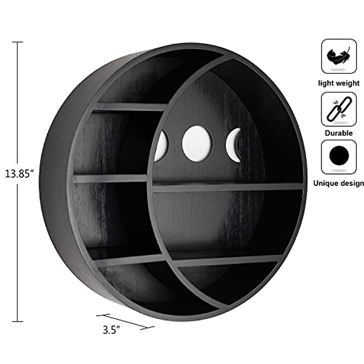 Crescent Moon Shelf Wall Decor - Black, Unique, Moon Shaped Floating Shelves for Crystal, Stones, Essential Oil Display Holder - Wooden Boho Wall Decor for Bedroom, Dorm, Living Room, Nursery