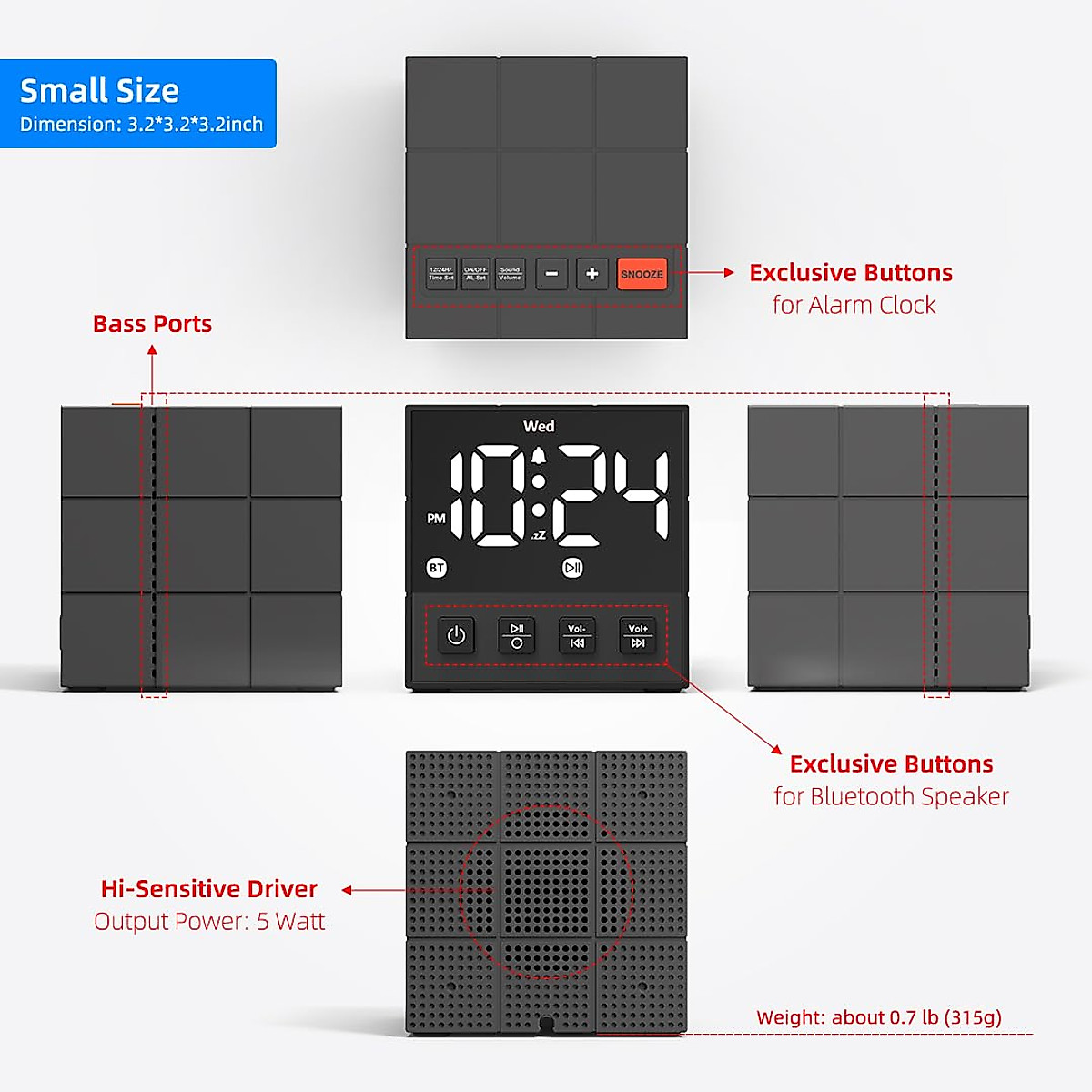 Loud Alarm Clock Bluetooth Speaker with Crystal-Clear Sound, Rich Bass, Dimmable LED Display, Small Bedside Digital Clock for Bedroom | Super Loud Alarm Clock for Heavy Sleepers, Adults, Teens - Black