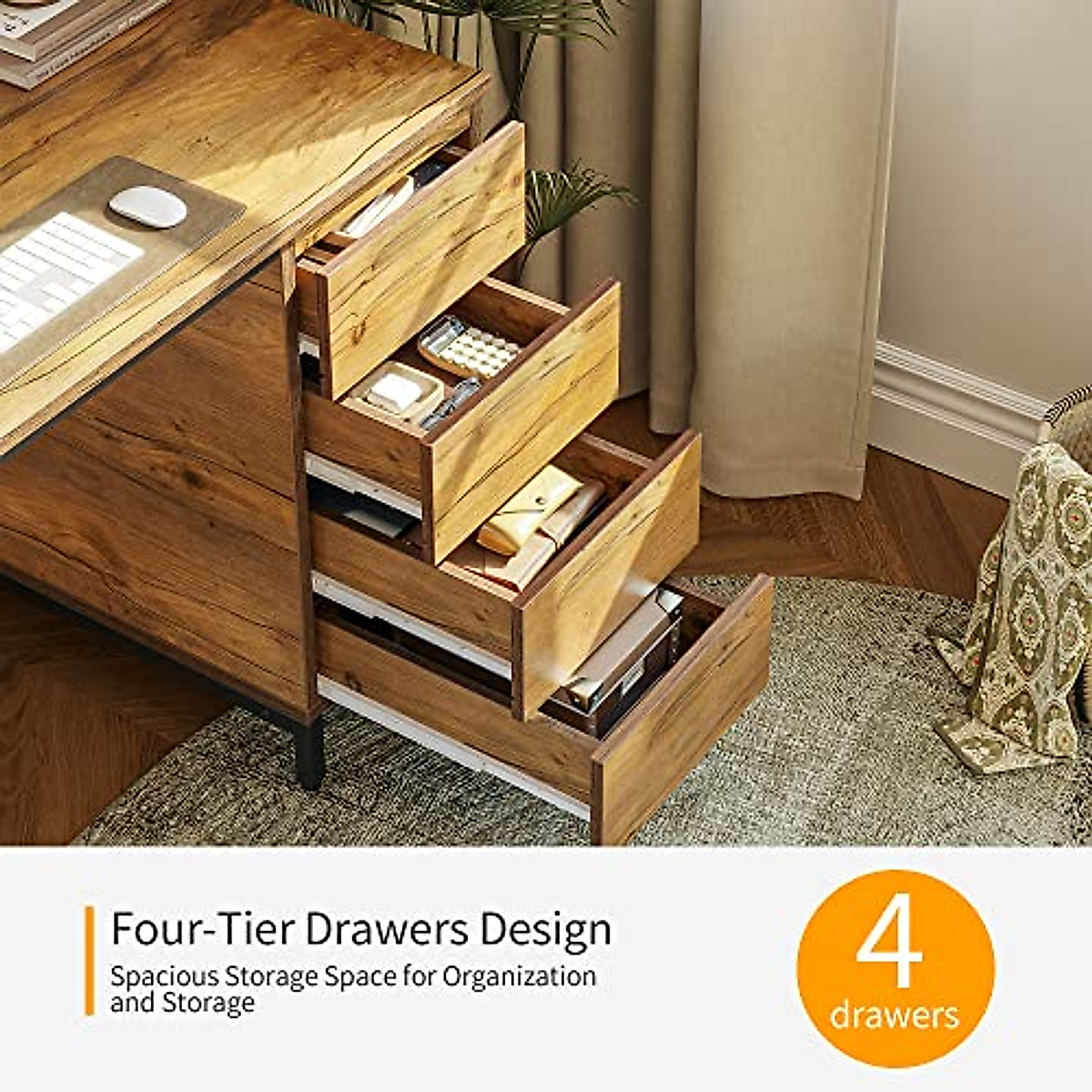 CubiCubi Computer Desk with 4 Drawers, 47 Inch Home Office Desk with Storage, Modern Study Writing Desk for Bedroom,Fir