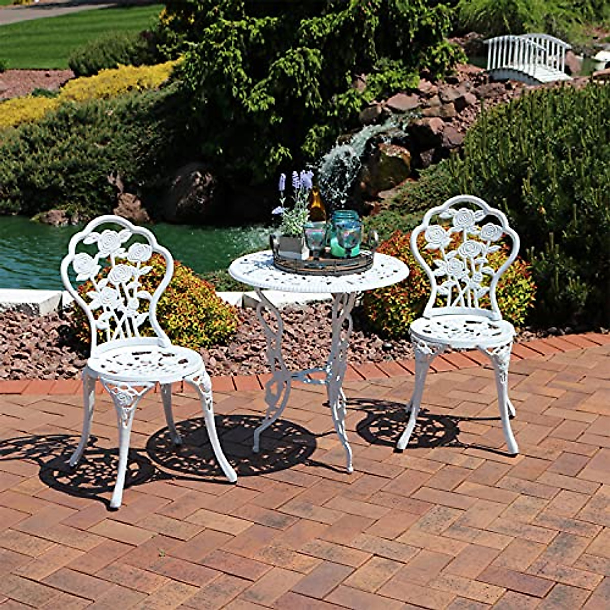 Sunnydaze 3-Piece Flower Designed Bistro Table Set with 2 Chairs, Outdoor Cast Aluminum, White
