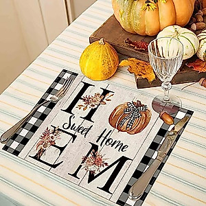 Fall Placemats Set of 4,12x18 Inch Home Sweet Home Buffalo Plaid with Pumpkin Heat-Resistant Place Mats,Seasonal Autumn Table Decors for Farmhouse Kitchen Dining Thanksgiving Holiday Party