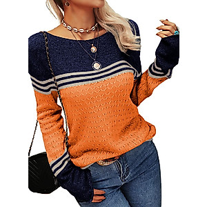Danedvi Women Autumn Winter Colorblock Pullover Sweaters Round Neck Striped Slim Fitting Knitwear Tops Orange