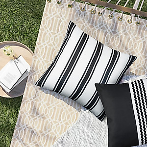 cygnus Pack of 2 Outdoor Waterpoof Throw Pillow Covers Geometric Stripes Square Garden Cushion Cases Patio Furniture Pillow Covers Black and White,18x18 Inch