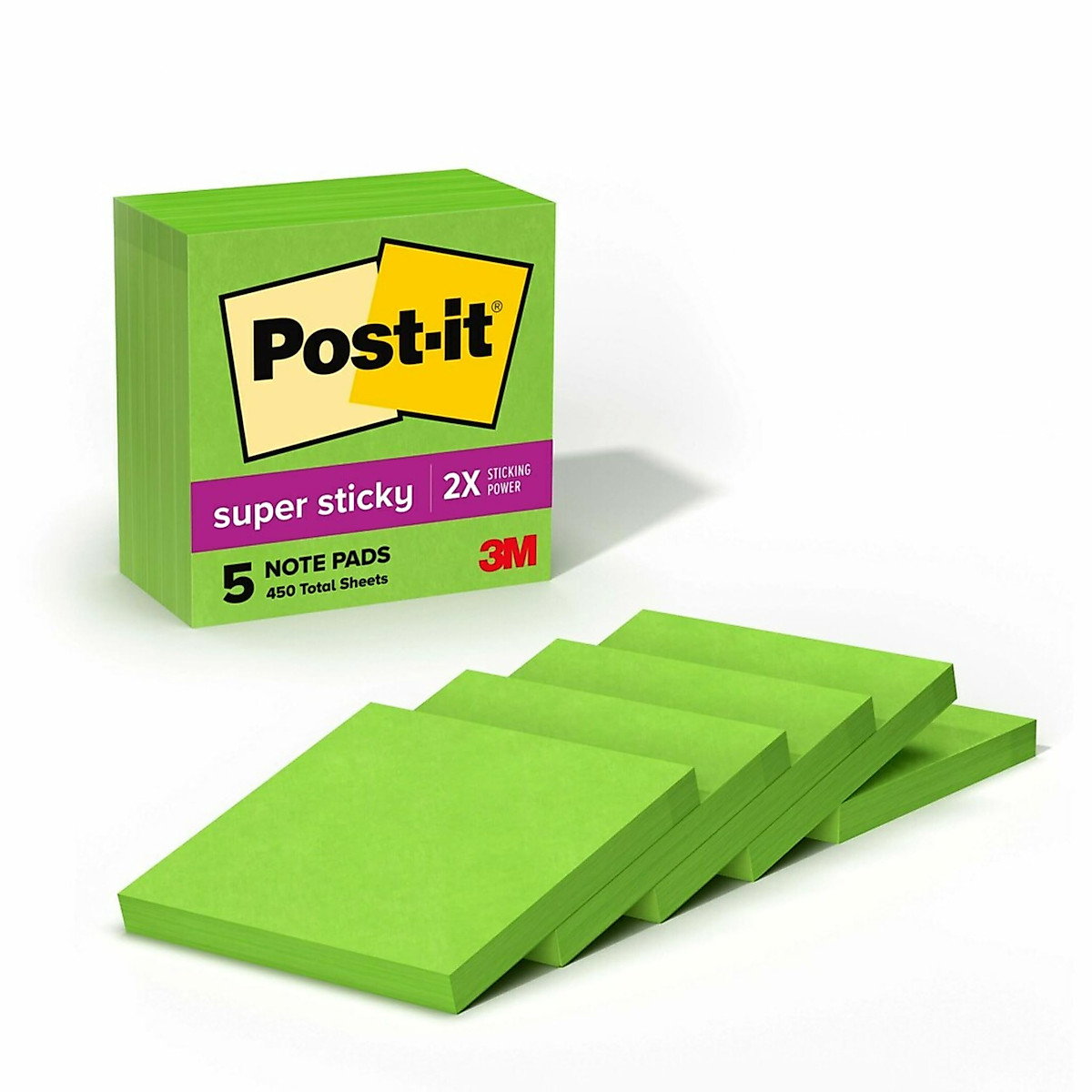 Post-it Super Sticky Notes, 3x3 in, 5 Pads, 2x the Sticking Power, Limeade Green, Recyclable (654-5SSLE)