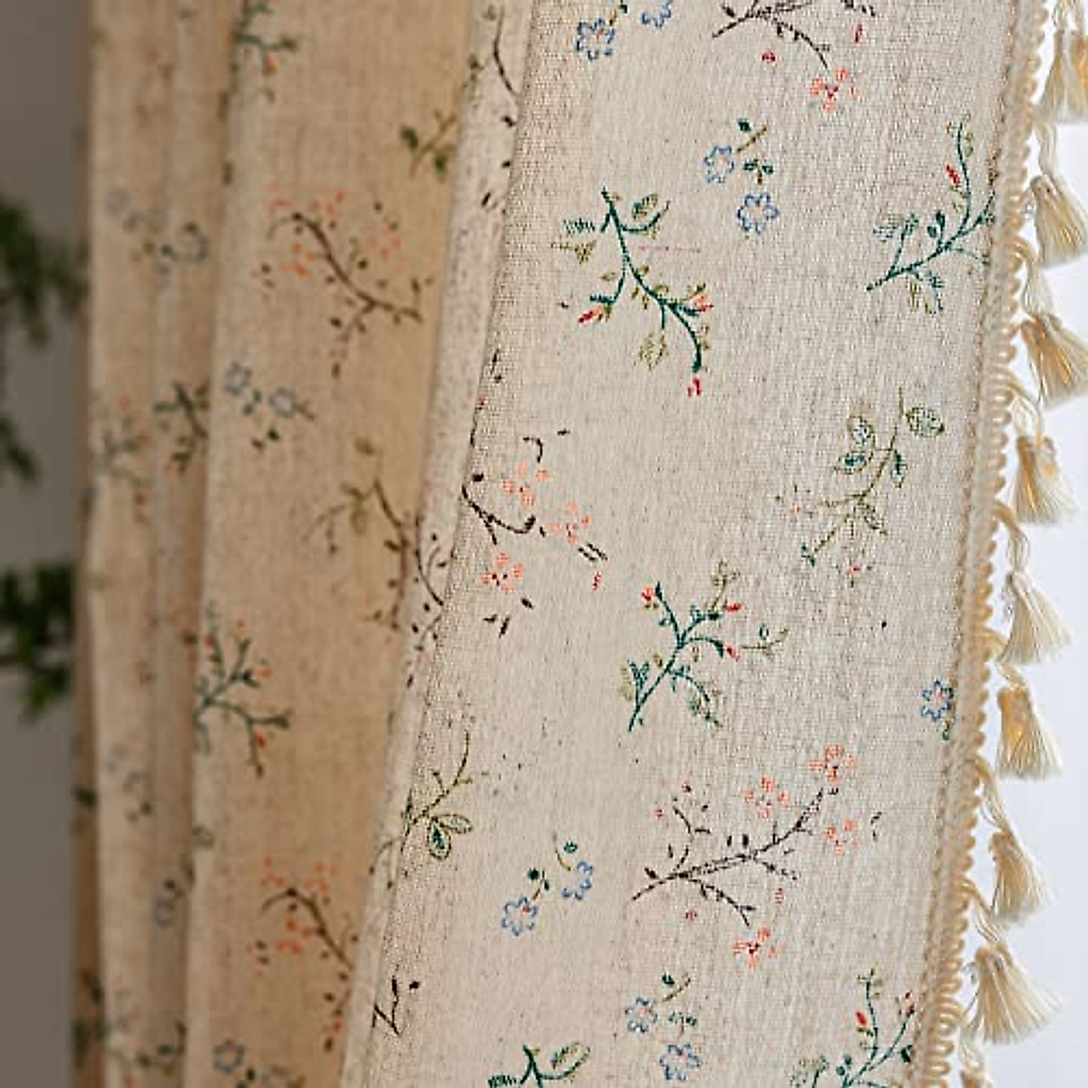 Floral Farmhouse Curtains Closet Semi-Blackout Living Room Drapes 63 Inch Length Cotton Linen Blend Short Bohemian Window Curtain Panels with Tassel Beige Rod Pocket Bedroom Drapes, 1 Panel
