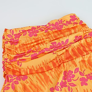 SAFRISIOR Women Ruched Ruffle Short Skirt High Waisted Stretch Pleated Tennis E-Girls 90s A-Line Mini Skirt (Medium, Floral#Orange, m)