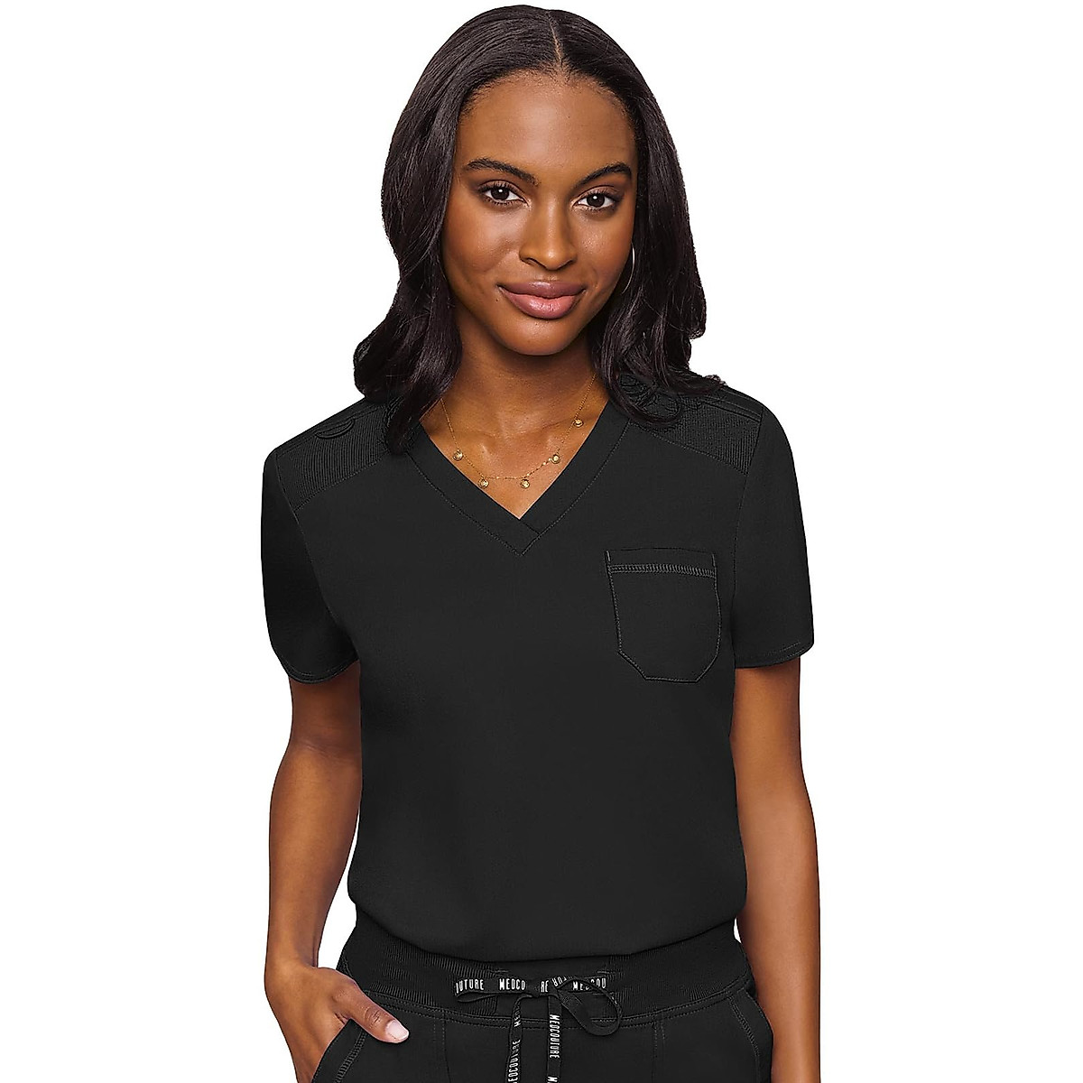 Med Couture Women's V-Neck Scrub Top, Modern Fit Tuck-in Top with Stretchy Rib-Knit Shoulders and Chest Pocket - MC7448, Black, Small