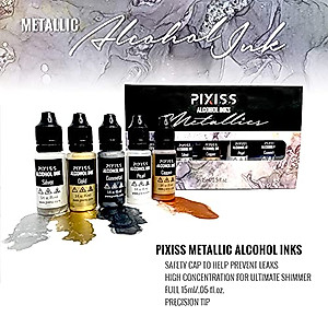 Pixiss 25 Pack Large Alcohol Inks 0.5oz Bottles and Pixiss Metallic Alcohol Inks (Pearl, Gold, Silver, Gunmetal, Copper)