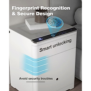 TIGERKING 3-in-1 Biometric Heavy Nightstand Safe, Lockable Drawer Gun Safes with Wireless Charging Station, Home Safe Adjustable Lighting with USB & Type-C Port for Bedroom Office, White
