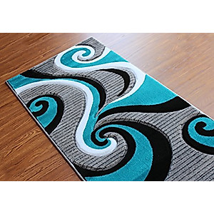 Masada Rugs, Sophia Collection Hand Carved Area Rug Modern Contemporary Turquoise White Grey Black (2 Feet X 7 Feet 3 Inch) Runner