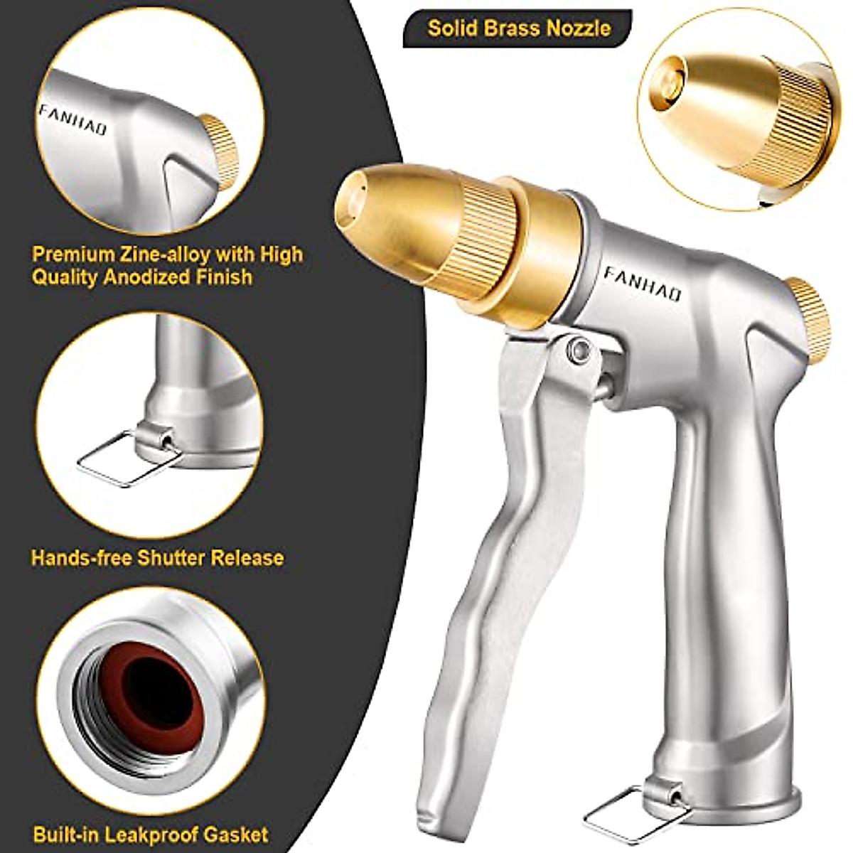 FANHAO Garden Hose Nozzle with Brass Tip, 100% Heavy Duty Metal Spray Nozzle High Pressure Water Nozzle with Adjustable Spray Patterns for Watering Plants, Washing Cars and Showering Pets