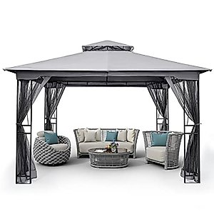 HAPPATIO 10' X 12' Outdoor Patio Gazebo, Outdoor Canopy Gazebo for Garden,Yard,Patio with Ventilation Double Roof with Mosquito Netting,Gray
