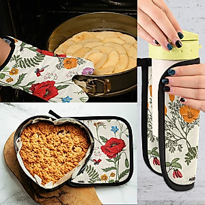 Oven Mitts and Pot Holder Oven Gloves Plants Flowers and Butterflies Provence Style Non Slip Hot Pads Insulation Gloves Heat Resistant Kitchen Set for Cooking Baking Grilling BBQ