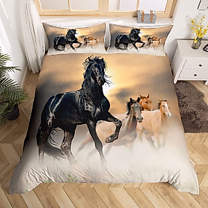 3Pcs Horse Bedding Set Queen Size Bedding Duvet Cover Horse Printed Quilt Cover 3D Animal Printed Quilt Cover for Adult Teens Kids Comforter Cover Soft Lightweight Duvet Cover Set