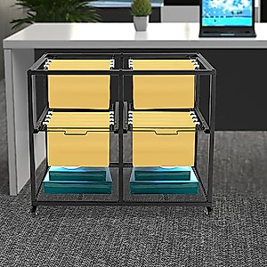 2 Tiers 4 Compartments Rolling File Carts with Wheels, Heavy Duty Rolling Pull-Out File Folder Rack Drawer File Cabinet for Home Office, Hanging Files for Letter Size