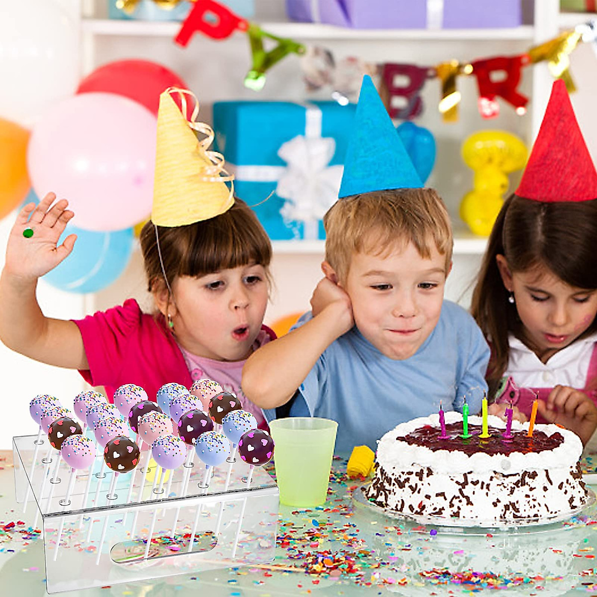 Jucoan 24 Pack Cake Push up Pop Containers and 20 Holes Push Pop Cake Stand, Reusable Cake Push Pop with Holder, Clear Acrylic Lollipop Display Stand for Weddings Baby Shower Birthday Christmas Party