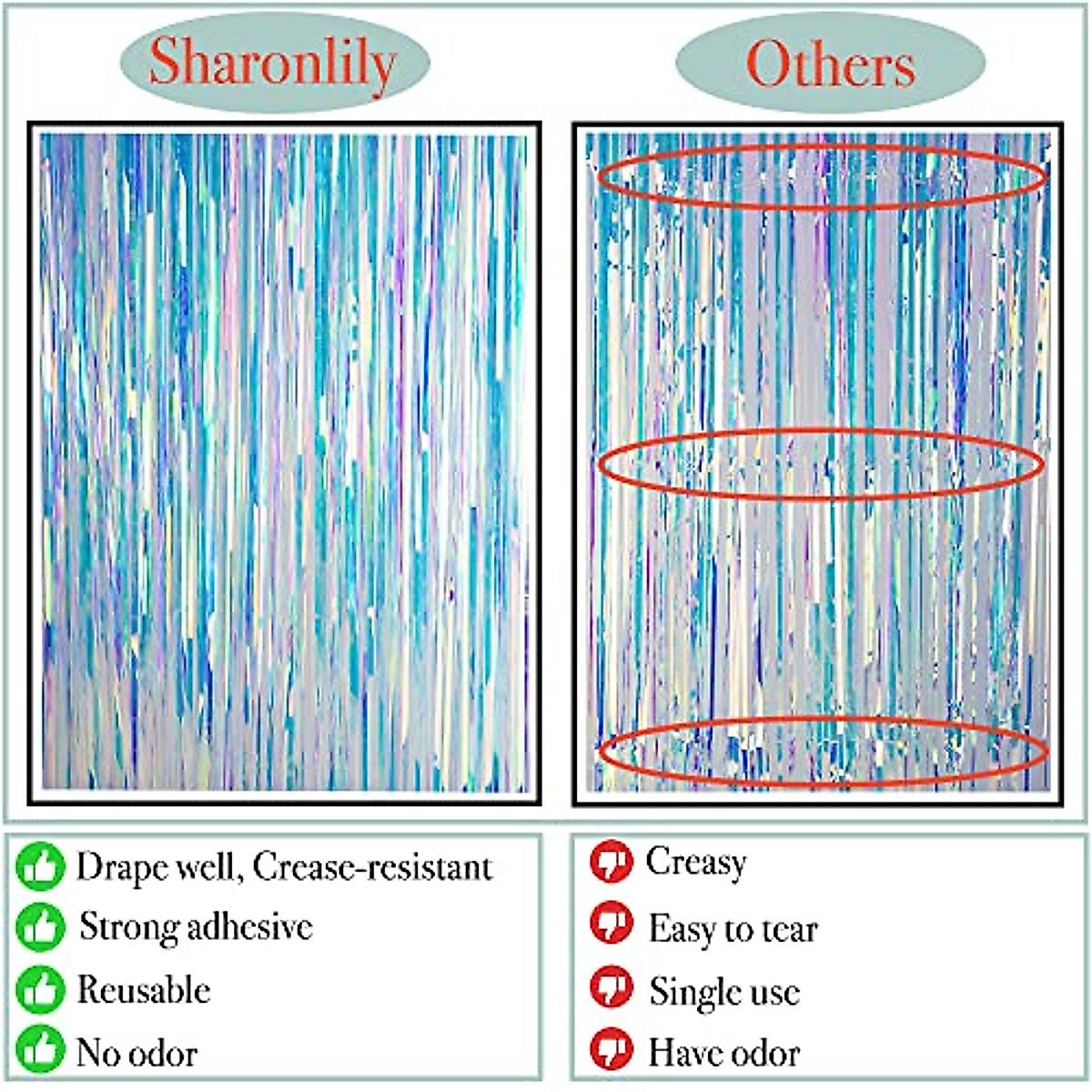 Sharonlily 2 pcs Gorgeous Iridescent Fringe Curtains, 3.2X 8.2 Feet, Transparent Holographic Tinsel Backdrop Streamers, Sturdy Metallic Foil Door Curtain for Birthday Bachelorette Party Decorations