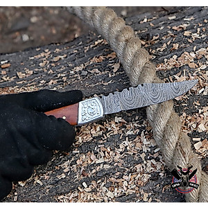 Capra Knives CK-52 Handcrafted Folding Engraved Brass Pocket Knife 4” Folded, 7.25” Long Overall, 4.5oz Olive Wood Handle, Damascus Blade with Leather Sheath