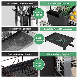 romision Stainless Steel Dish Drying Rack, Dish Racks for Kitchen Counter, Two Tier Dish Drainers with Cutlery Holder and Cup Rack, Large Dish Dryer Rack for Saving Space, Grey