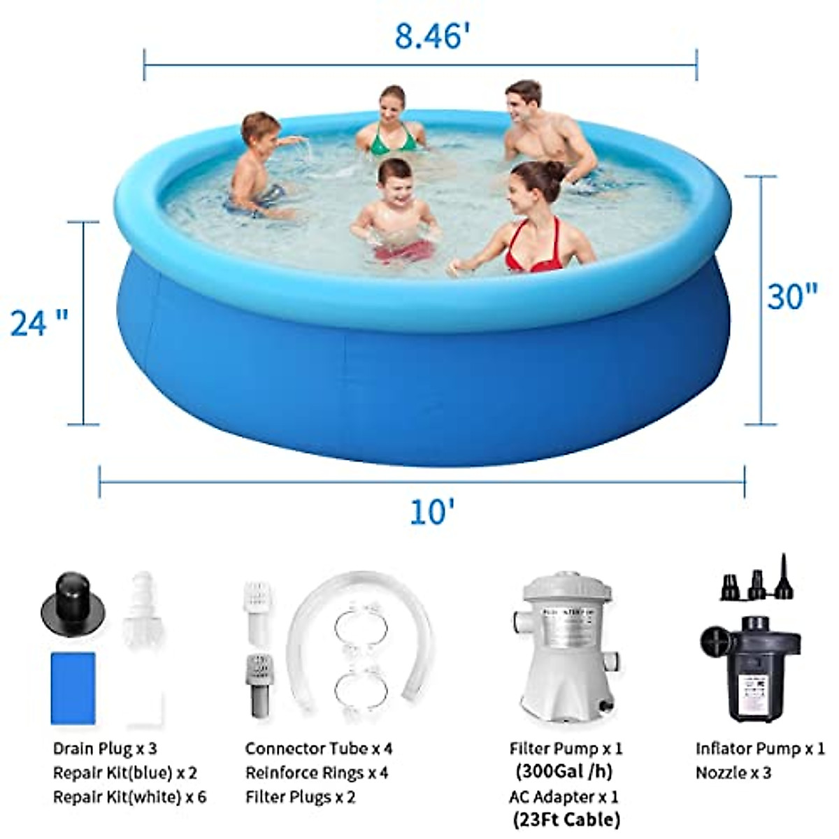 Inflatable Swimming Pool for Family with Filter Pump, Air Pump, 10 FT ...