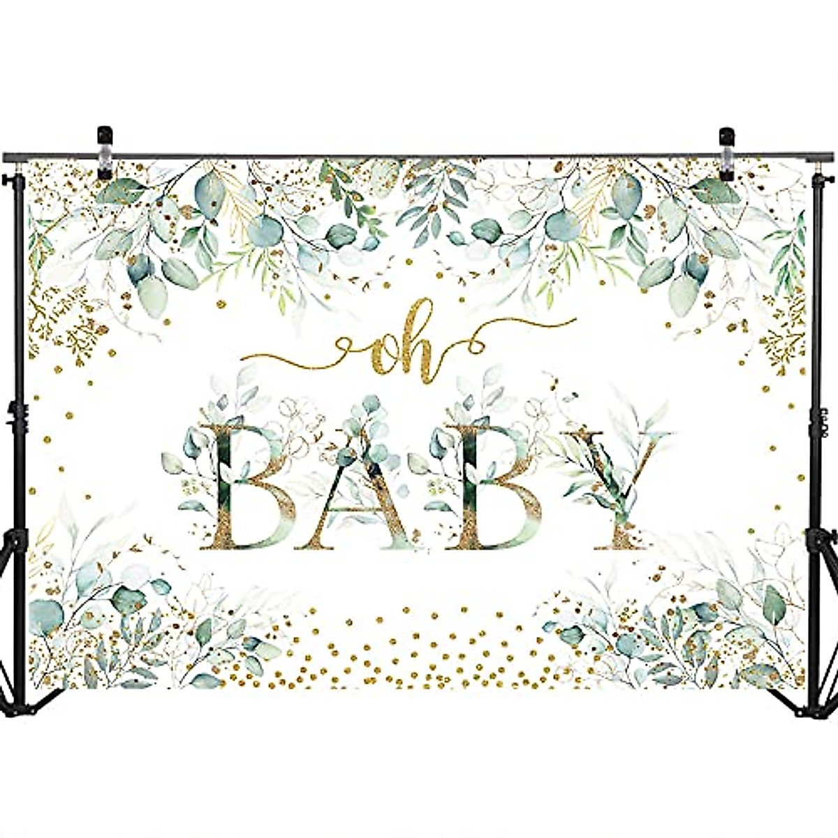 Mocsicka Greenery Baby Shower Backdrop Oh Baby Green Eucalyptus Leaves Baby in Bloom Party Decorations Gold Glitter Dots Boy Baby Shower Photography Backdrops (7x5ft)