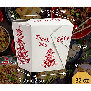 Avant Grub Food Storage Container, Greaseproof Chinese Take Out Box With Chopsticks. 25pk Large Food Containers With 50pk Sleeved and Separated Bamboo Chop Sticks, 32 Oz