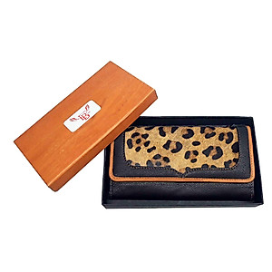 Leather Book® LW-1802 TAJ Leopard Ladies Wallet|11 card slots|1 card window|4 slide pockets|1 zip compartment pocket| 1 back silver metal zip pocket | Black, Tan Cowhide & Jersey leopard Print Leather