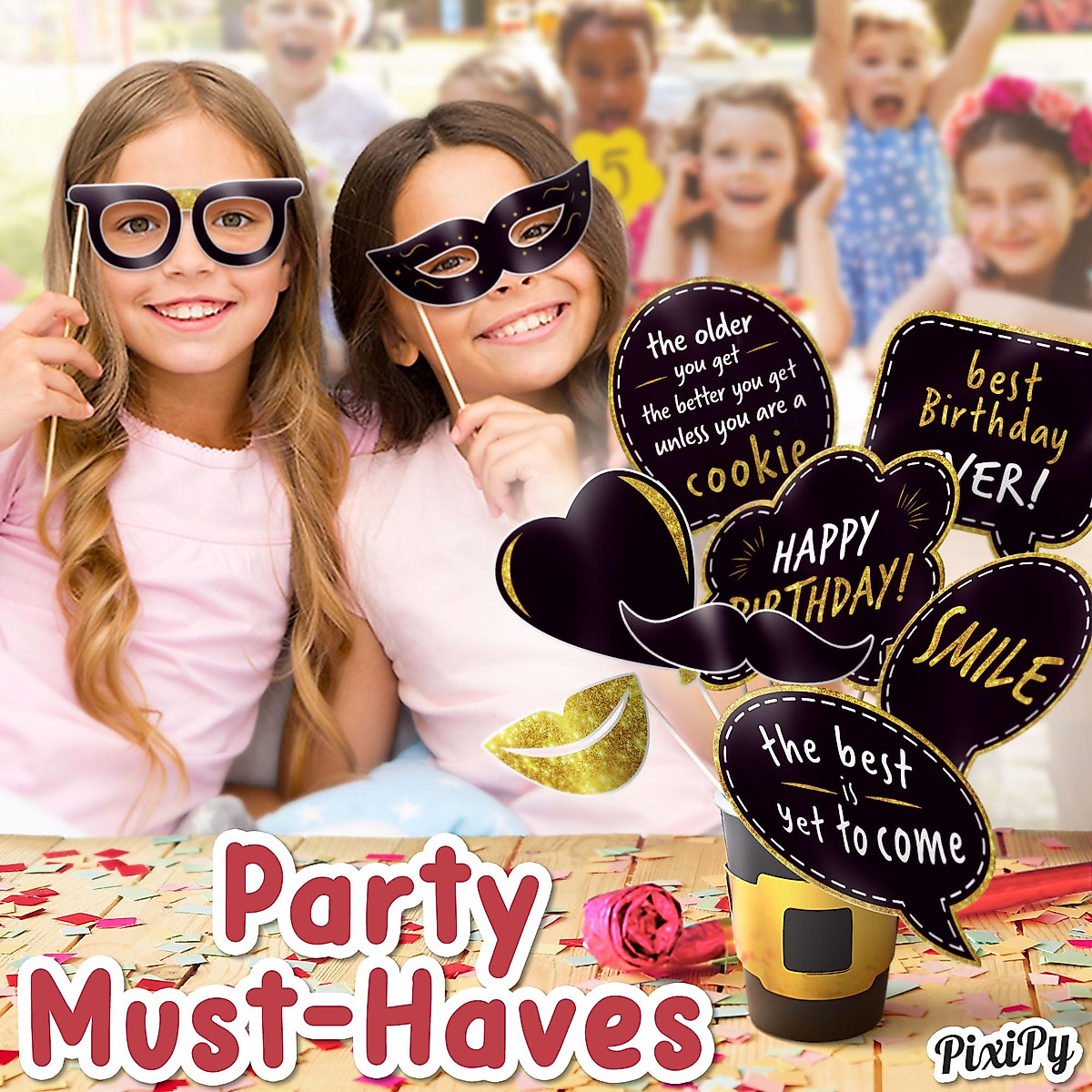 Premium Birthday Photo Booth Props Kit - 27 Pieces Black & Gold Party Decorations - Durable & Easy-to-Use Photobooth Props Signs for Memorable Photos - Party Supply Decorations - by PixiPy