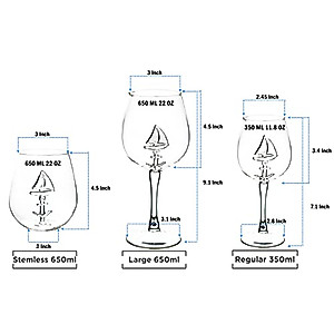 Sailing Wine Glasses Sail boat for Wine - Italian Cabernet Red Wine Glass With 3D Sailboat Inside - Creative Crystal Clear Cup Wine Glass Goblet Flute Lead-free - Perfect for Homes, Bars, Party (2pc)