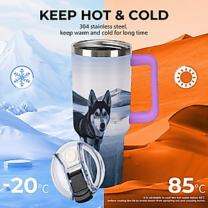 LLUTSNTH 40 Oz Vacuum Tumbler with Violet Handle Leakproof Insulated Tumbler Husky Dog on A Frozen Lake Stainless Steel Travel Mug with Lid And Straw Coffee Cup Cute Water Bottles Cup Holder Friendly