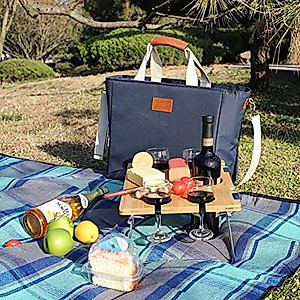 40L Cooler Bag, Large Insulated Tote Wine Carrier Bag for Picnic Lunch with Portable Bamboo Wine Snack Table - Best Gift for Father Mother Day