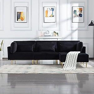 SONGG 105” L-Shaped Modern Convertible Sectional Sofa, Velvet Fabric Upholstered Couch, with Chaise Detachable, Washable Cover and Ottoman, for Living Room, Black