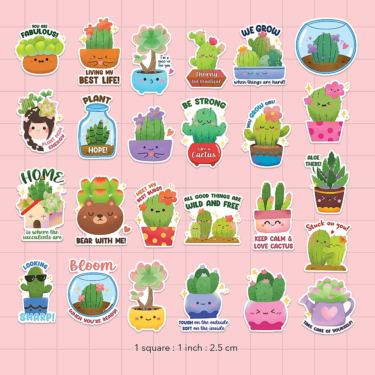 Navy Peony Lovable Cactus and Succulent Stickers (25pcs) - Waterproof, Child Proof House Plant Quote Stickers for Kids Craft, Laptop, Party Favors