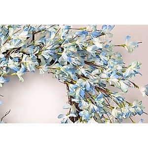 Blue Forsythia Door Wreath Summer Front Door Wreath 24Inch Blue Cream Cluster Wreath on Farmhouse Grapevine Wreath Blossom Cluster for Festival Celebration Front Door Wall Window Christmas Home Décor