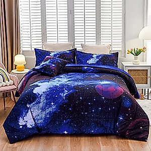 A Nice Night Galaxy 6Pcs Bedding Sets Outer Space Comforter Bed in a Bag 3D Printed Quilt,for Children Boy Girl Teen Kids,Full 6Pcs