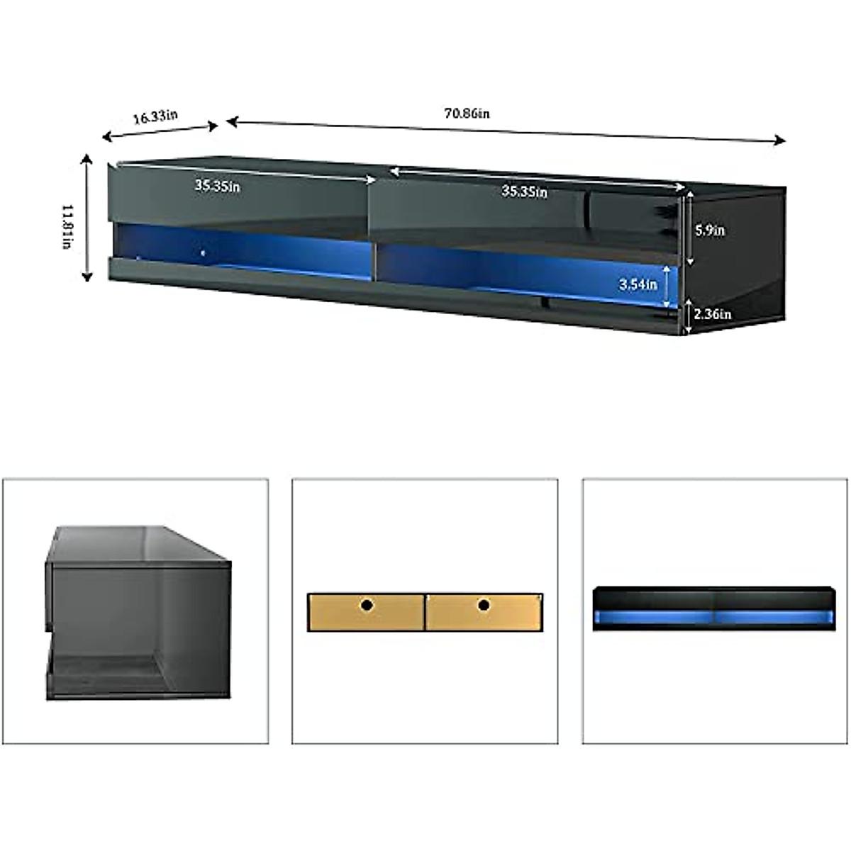 Floating TV Stand for TVs Up to 85 inch, 70 inch Wall Mounted Haning TV Stand with LED Lights, High Glossy Floating Entertainment Centre Hanging Media Console Shelf, Modern Under TV Floating TV Shelf