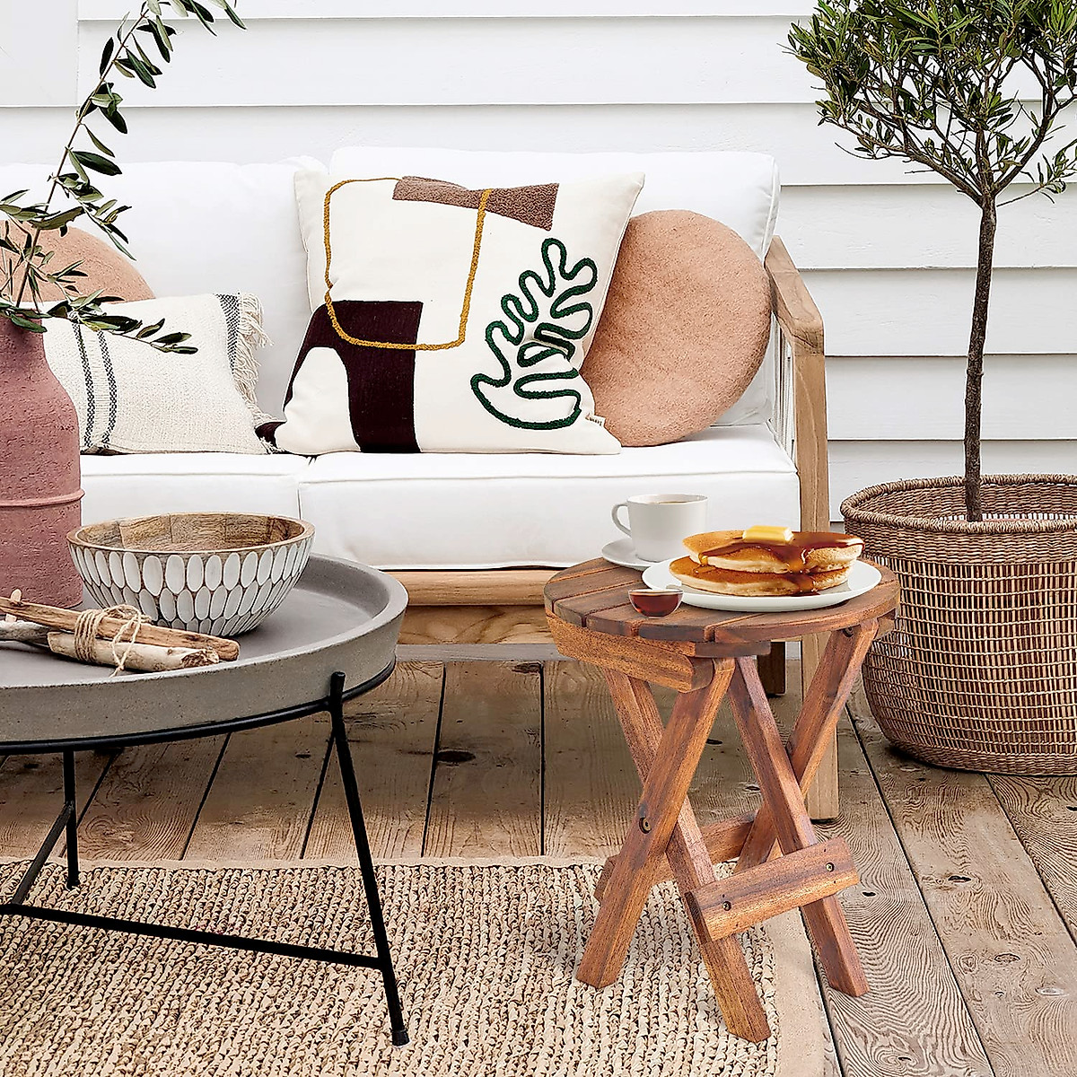 Small Patio Table, Outdoor Folding Side Table, Portable Side Table, Small Side Table, Accent Table, Small Coffee End Table, Wood Table Top for Living Room, Bedroom, Small Space (Set 1)-Natural