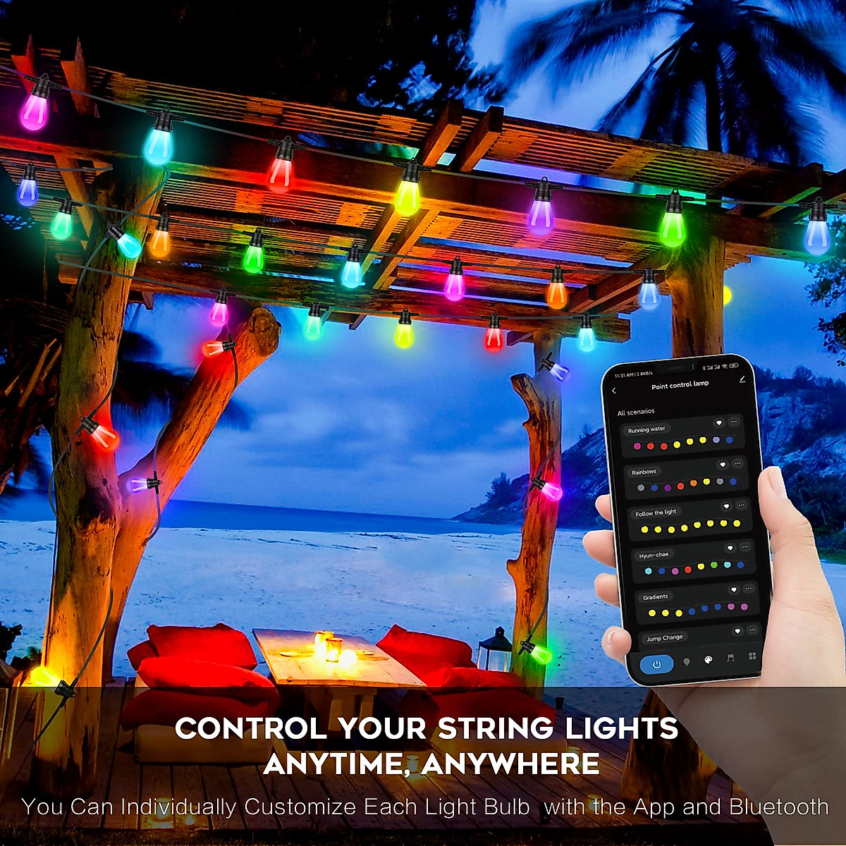 SOVELA Smart Outdoor String Lights, RGB String Lights 48ft 15 LED Bulbs, APP Control Compatible with Alexa, Music Sync Color Changing, Strand for Patio Backyard Garden Porch Wedding Paty