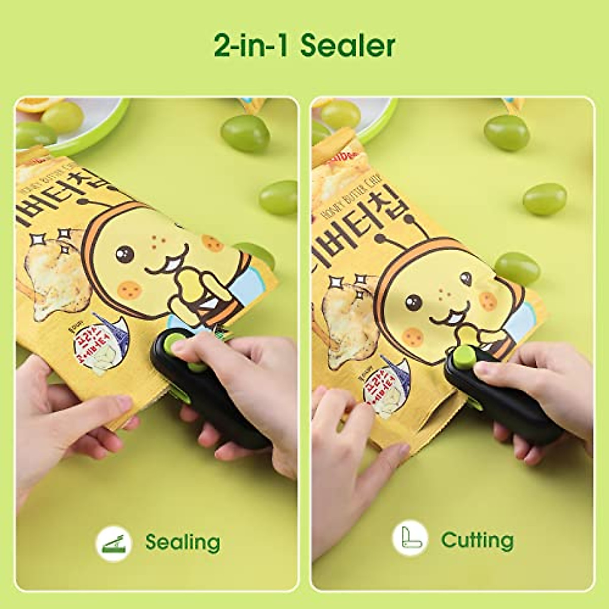Mini Bag Sealer, 2 in 1 Heat Sealer For Snacks, Rechargeable Handheld Plastic Bag Resealer, Vacuum Bag Sealing Machine Portable, Keep Food Chips Cookies Fresh Black/Green