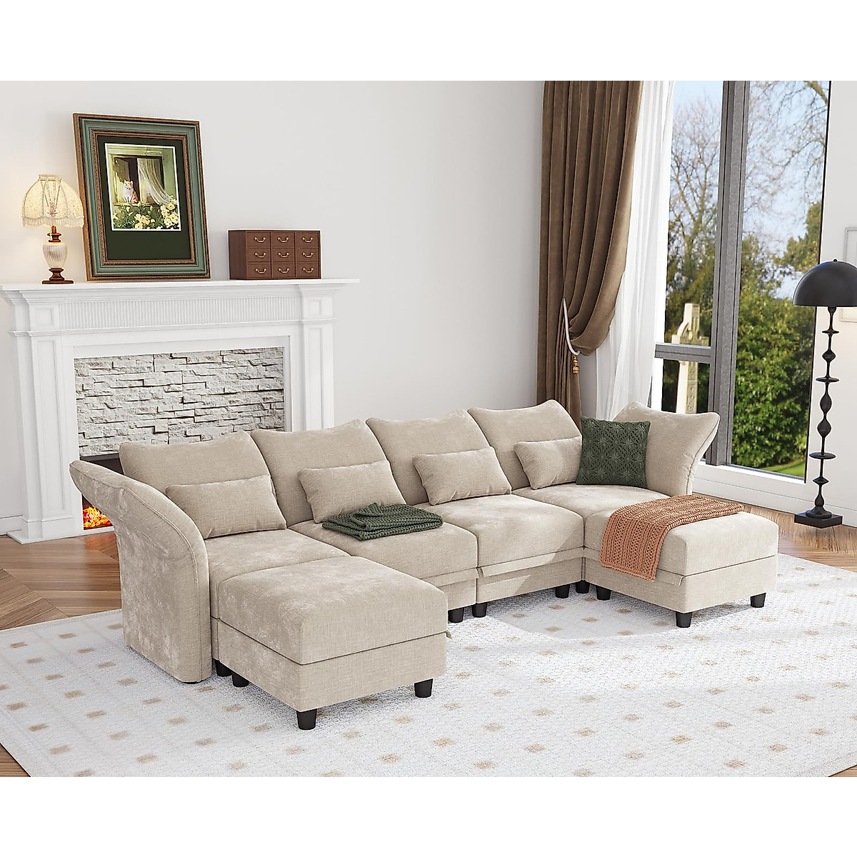 LLappuil 6 Seater Sectional Sofa U Shaped Modular Couches Deep Seated Modular Sofas for Living Room with Ottoman, Adjustable Armrest Backrest,Luxury Chenille, Khaki