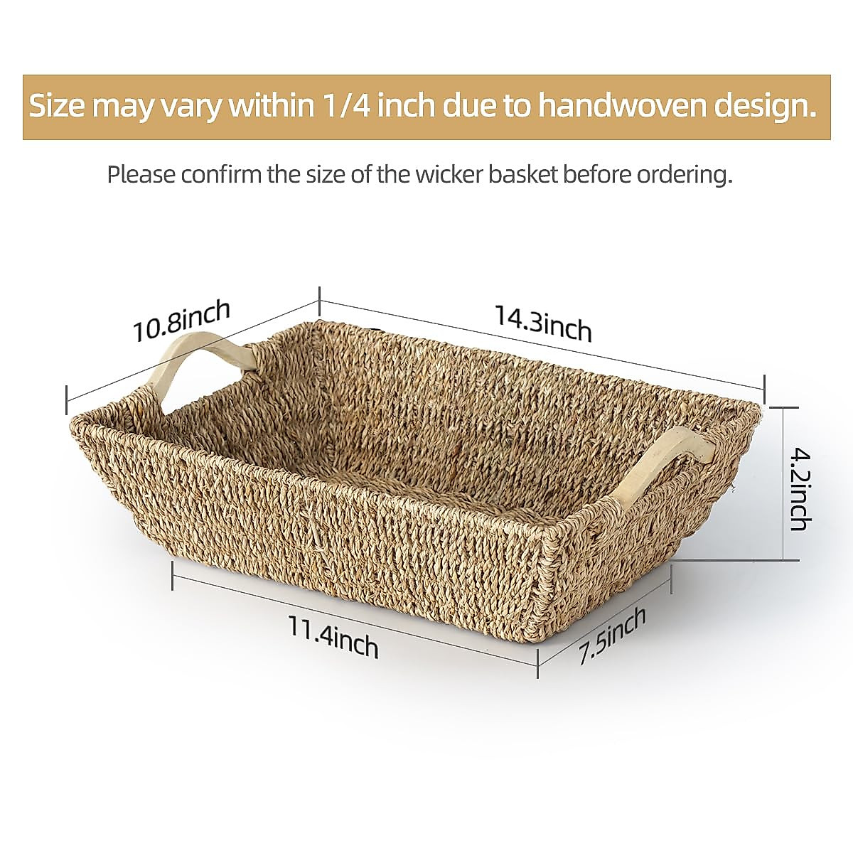 WEAVELYRICS 2-Pack Wicker Baskets with Wooden Handles, Hand-Woven Storage Baskets, Seagrass Wicker Baskets for Organizing, Decorative Baskets, Wicker Storage Baskets for Pantry, Shelves