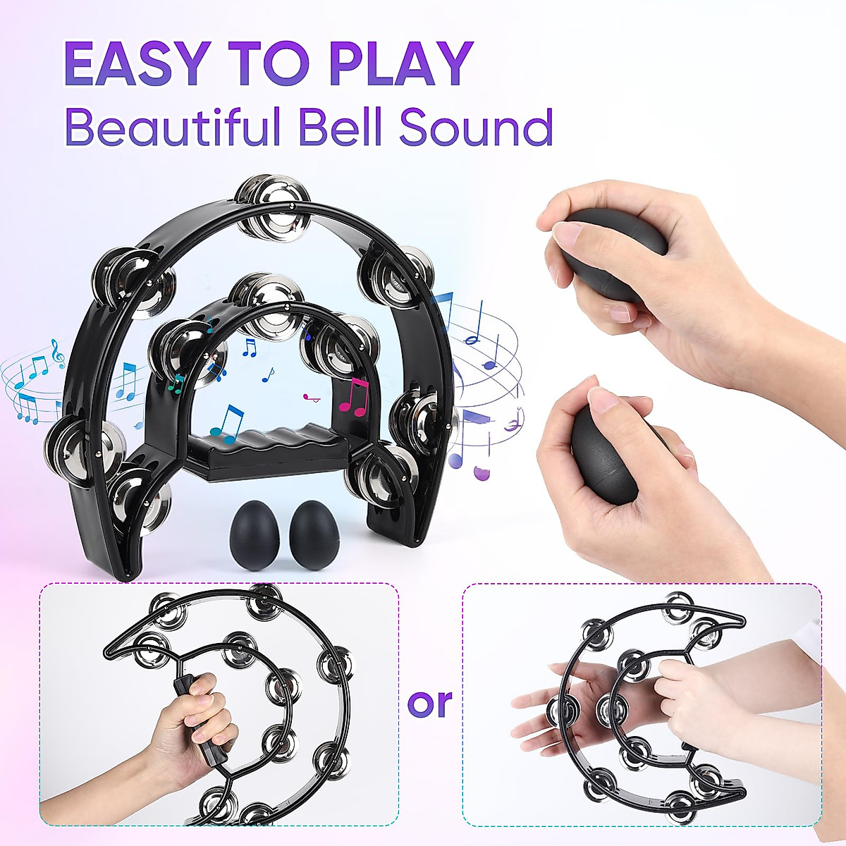 Tambourine Double Row Metal Jingles Bell Hand Held Percussion Half Moon Tambourines Musical Instrument for Adults Kids Party, KTV, Events, Church (Black)
