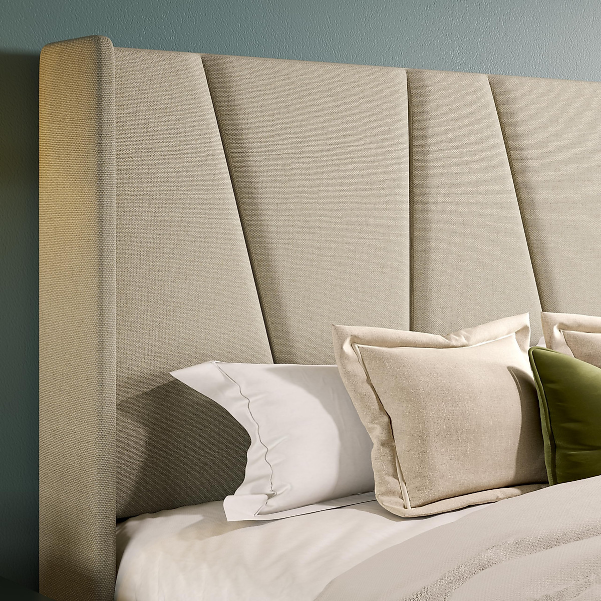 Allewie Queen Size Platform Bed Frame with Geometric Wingback Headboard, Modern Upholstered Bed with Wooden Slats Support, No Box Spring Needed, Easy Assembly, Beige