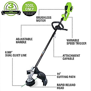 Greenworks 40V 14 inch String Trimmer, Battery Not Included, Tool Only, 2100202