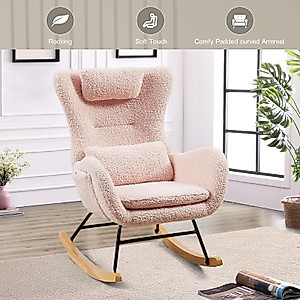 TMEOSK Small Rocking Chair Nursery, Modern Rocking Chair with Side Pockets and High Backrest, Comfy Accent Glider Chair with Headrest and Lumbar Pillow for Living Room, Bedroom (Pink)