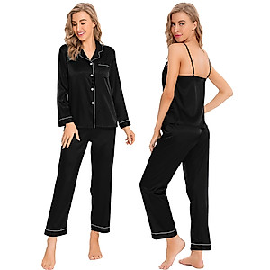 SWOMOG Women Satin Pajamas 4pcs Pajama Set Sexy Cami Shorts Set and Button Down Long Sleeve Pjs Loungewear Sleepwear Black,Small