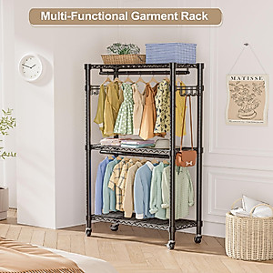 Maiproo Mini Clothing Rack Heavy Duty Clothes Rack with Wheels 3 Tiers Wire Shelving Adjustable with Double Rods and Side Hooks Rolling Clothing Racks for Hanging Clothes Coat Rack Freestanding
