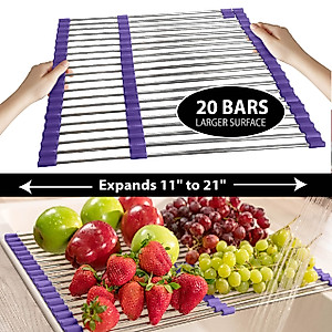 Total Rack Multipurpose Over-Sink Dish-Drying Rack, Cooling, Crisping, Roasting & Serving, Trivet, Nonslip Silicone Grips, Expandable 14" to 21" Stainless-Steel Roll Out Rack - Purple