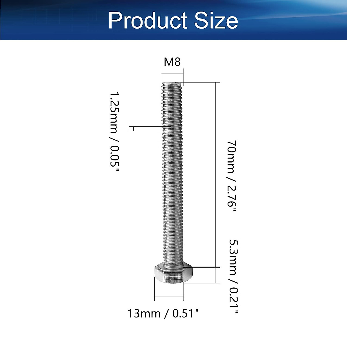Yinpecly M8x70mm Hex Bolts 304 Stainless Steel Hex Head Bolts Hexagon Screws 6pcs