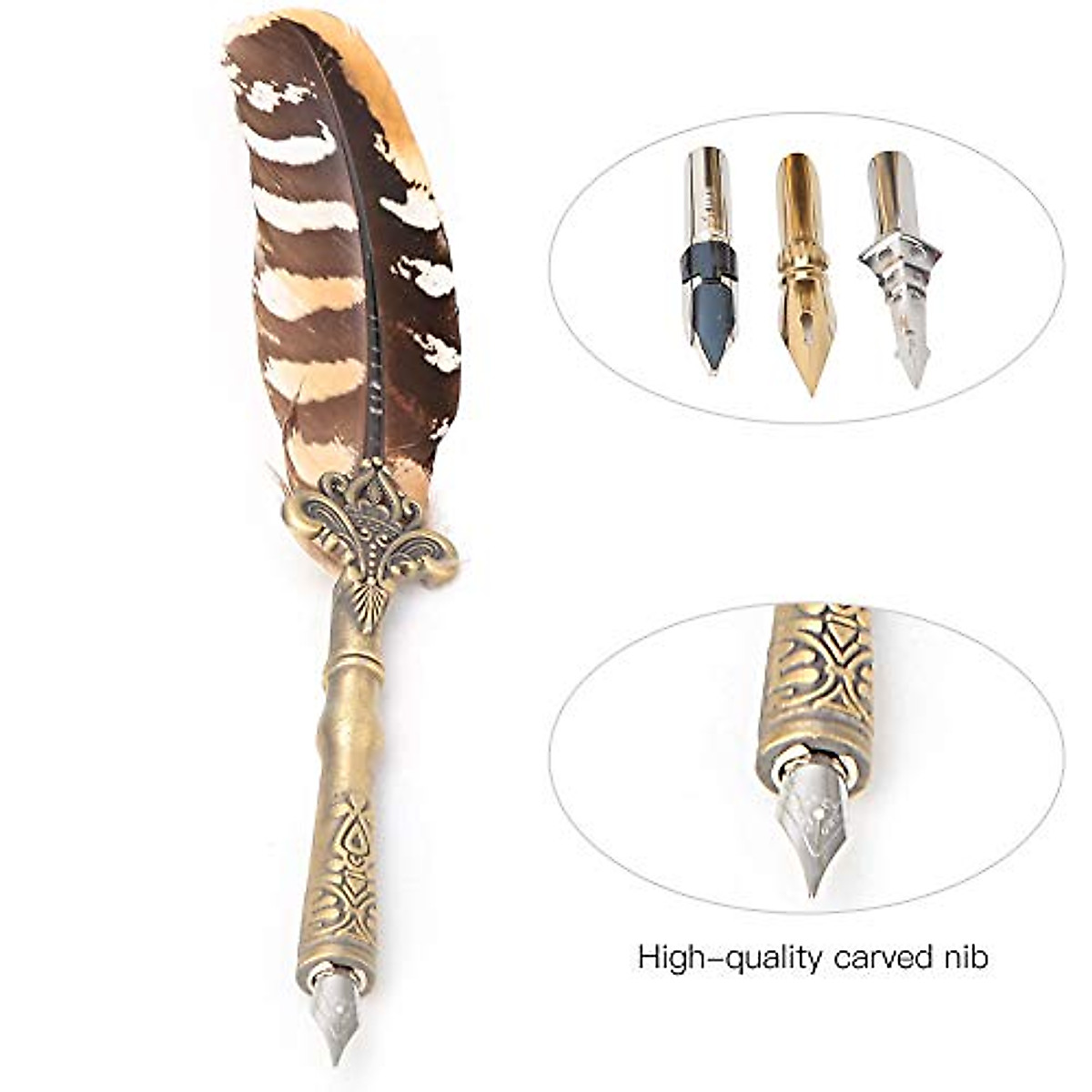 ChristmasBirthdays Gifts, Antique Quill Feather Pen Set Calligraphy Writing Quill Pen for Holidays for Holidays, Christmas, Birthdays Gifts with 3 Nibs Set School Supplies
